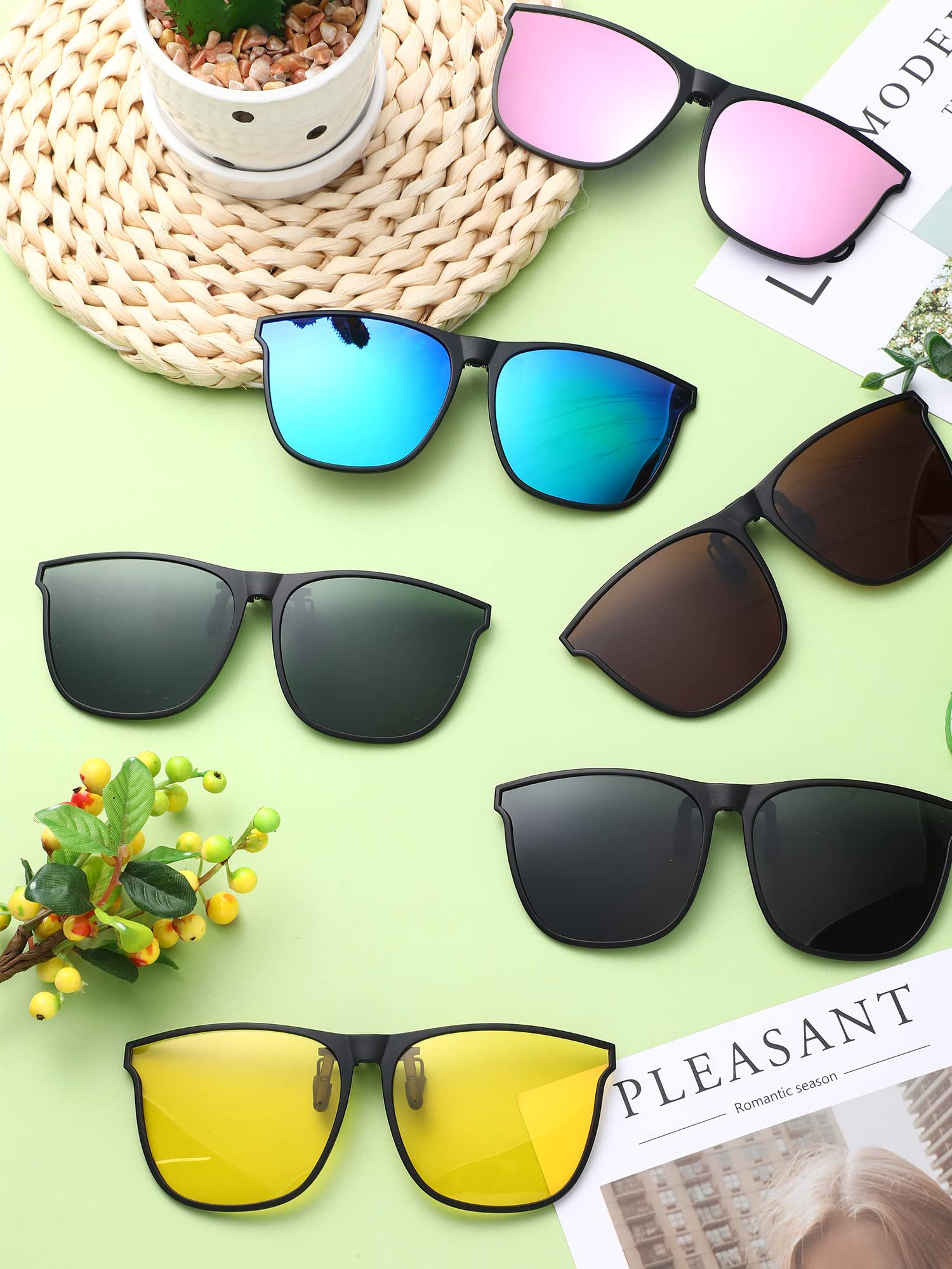 Weewooday 6 Pairs Large Polarized Clip on Sunglasses UV Protection Driving Clip on Sunglass Colorful Flip Frame Glasses for Women Men Eyeglasses