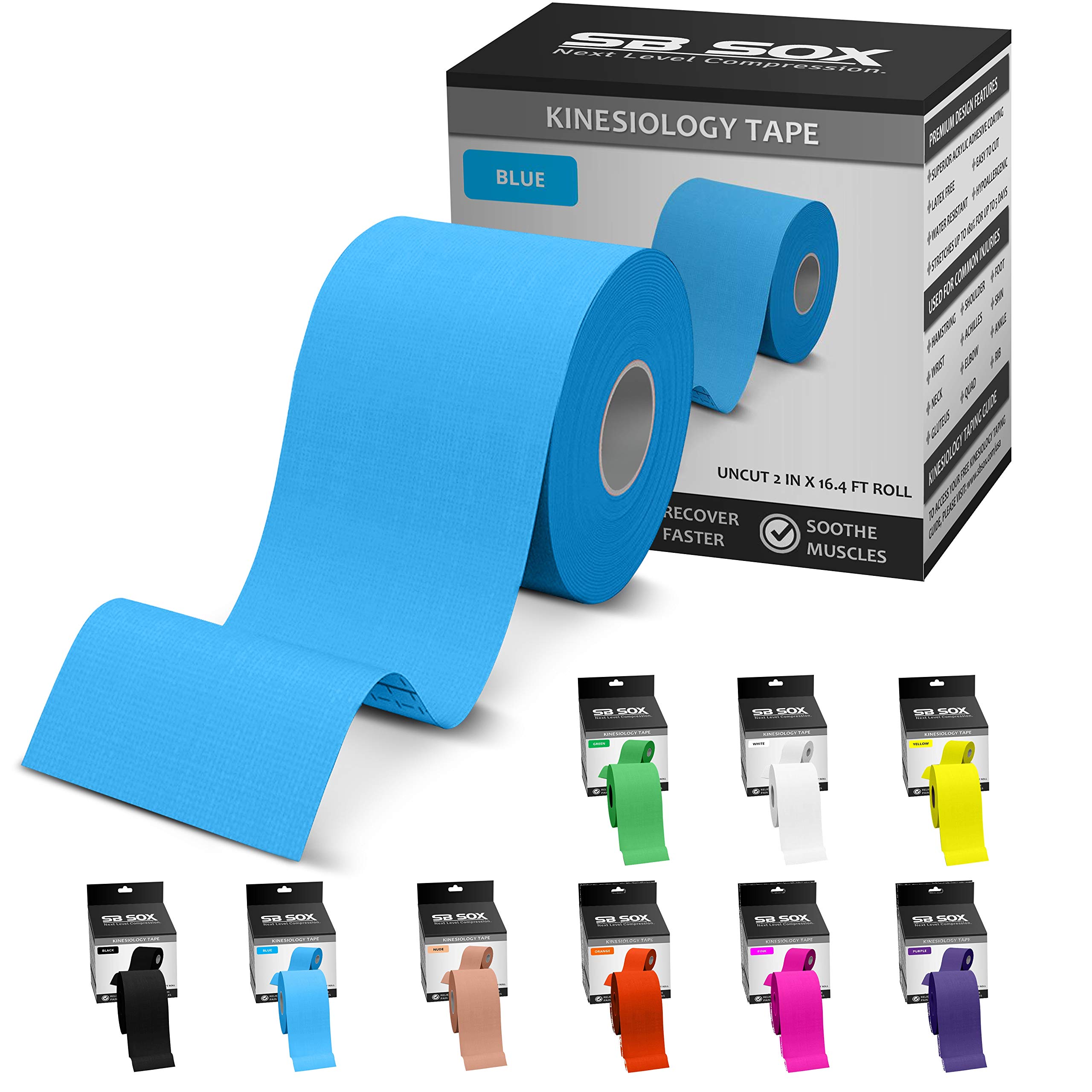 SB SOX Original Cotton Kinesiology Tape Roll – Best Latex Free Athletic Tape for Muscles/Joints – Waterproof, Stretchy, and Gentle on Skin (16ft) (Blue)