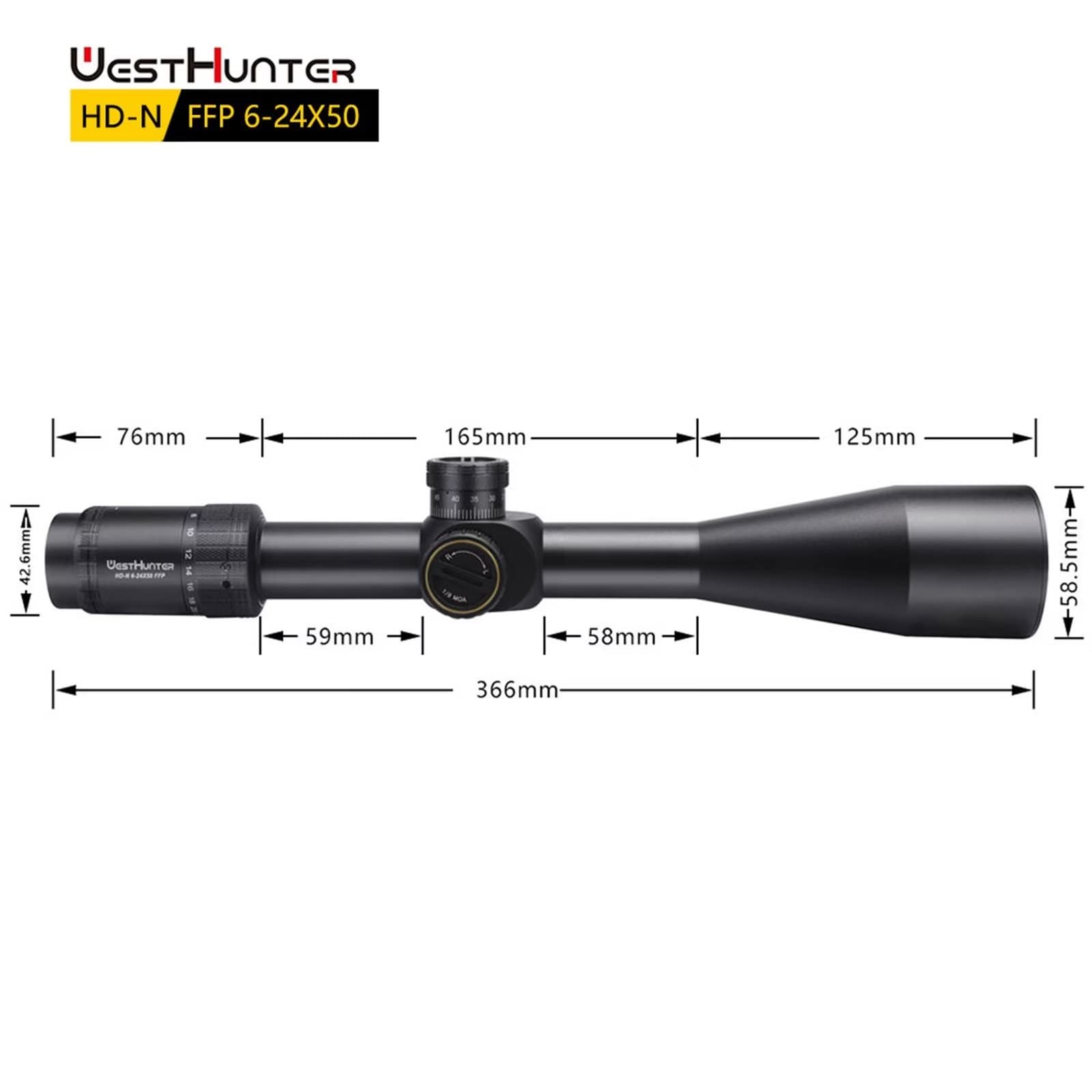 WestHunter Optics HD-N 6-24x50 FFP Scope, 30 mm Tube First Focal Plane 1/8 MOA Precision Shooting Scopes, Only Optics & Basic Accessories