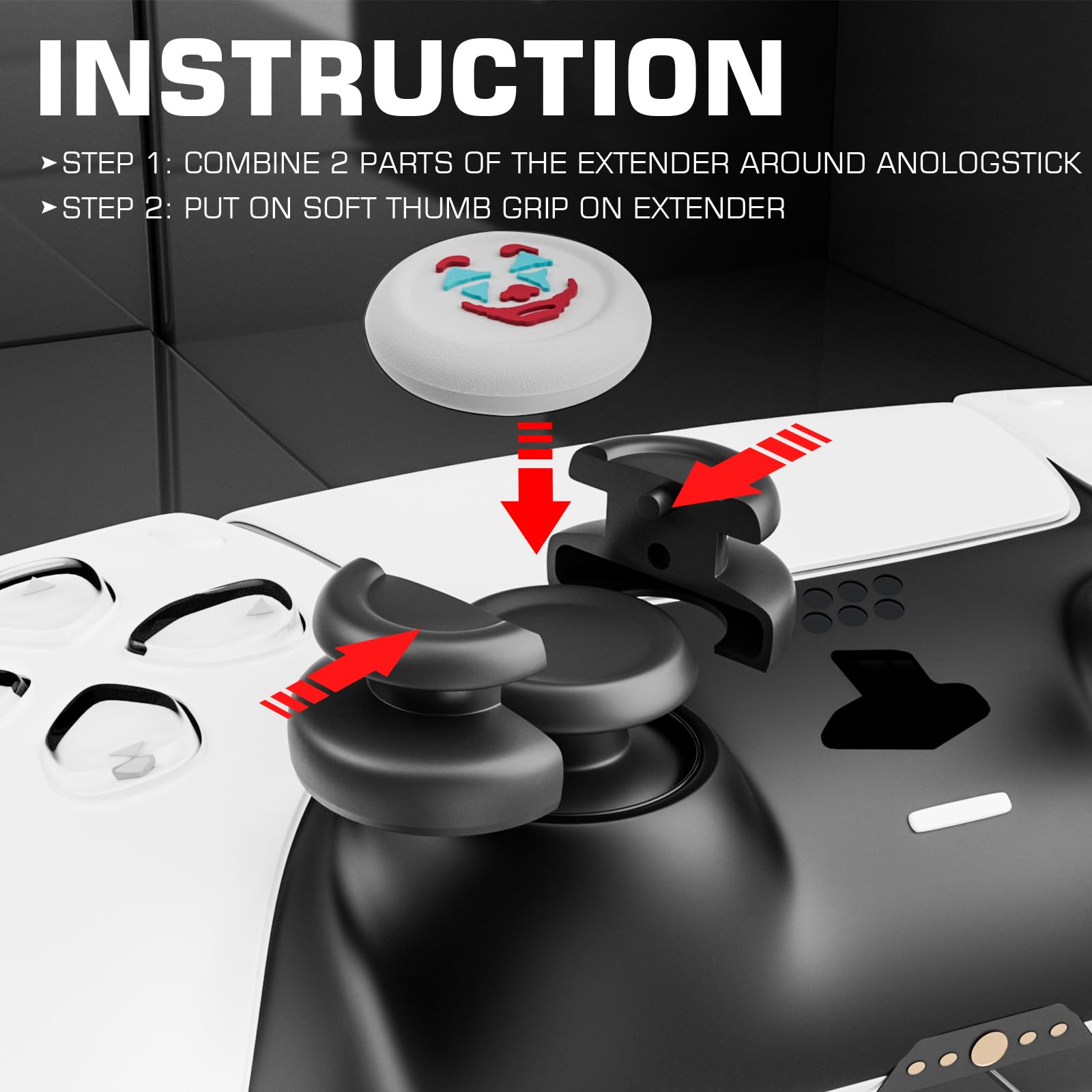 PlayRealm NO Falling Off Thumbstick Extender & Silicone Grip Cover 2 Sets for PS5 & PS4 Controller (BP)