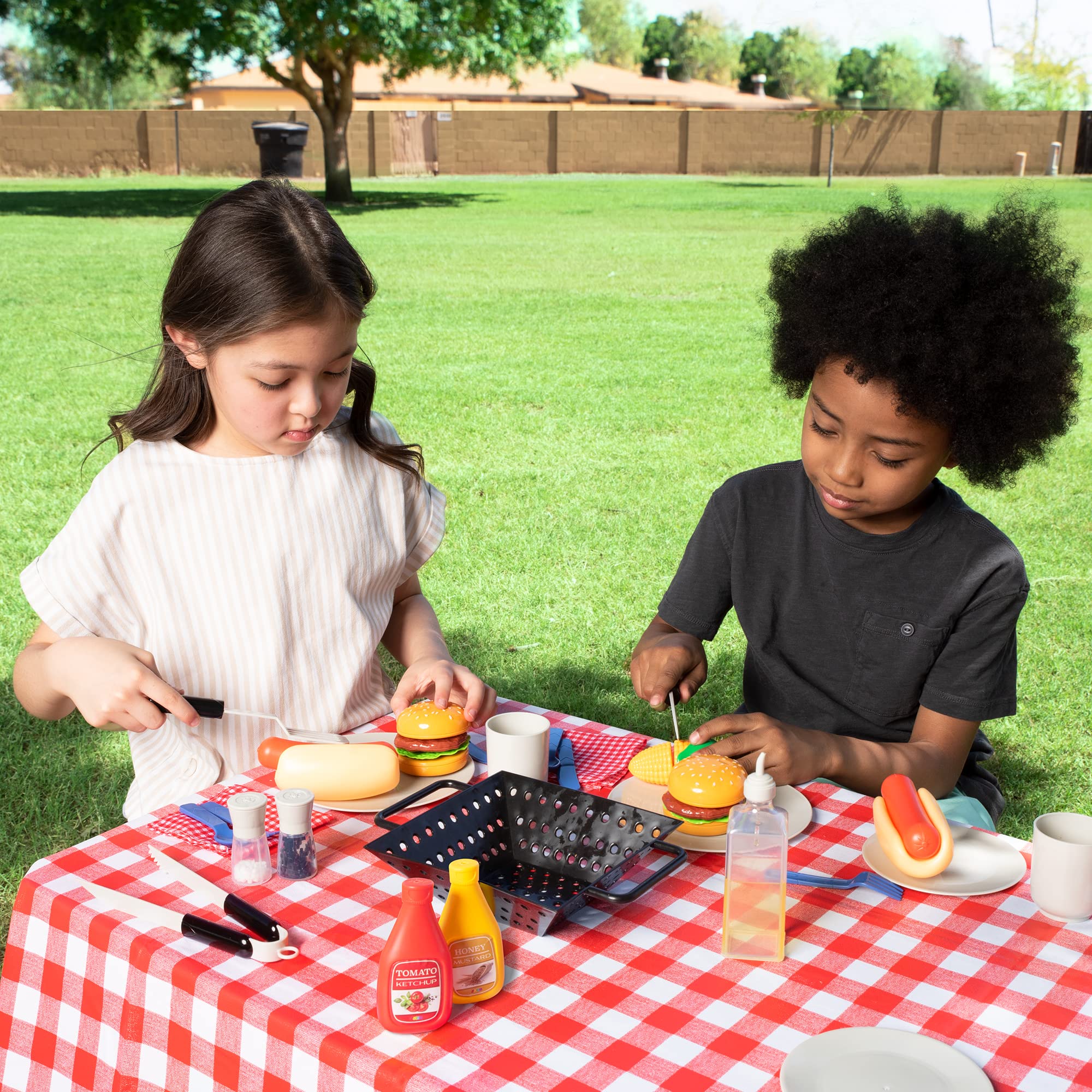 Play-Act 27 PCS Kids BBQ Grill Playset Backyard Barbecue Play Grill Toy Set for Toddlers,Play Food Sets for Kids Kitchen