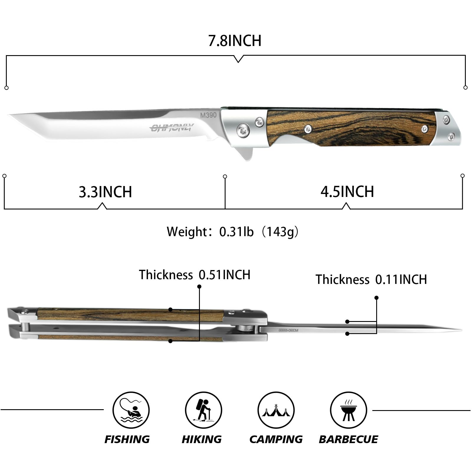 ohmonlyhoo Pocket Knife for Men, 3.5 inch Folding Knife with Wooden Handle and Leather Sheath, Edc Tanto Knife for Men and Women