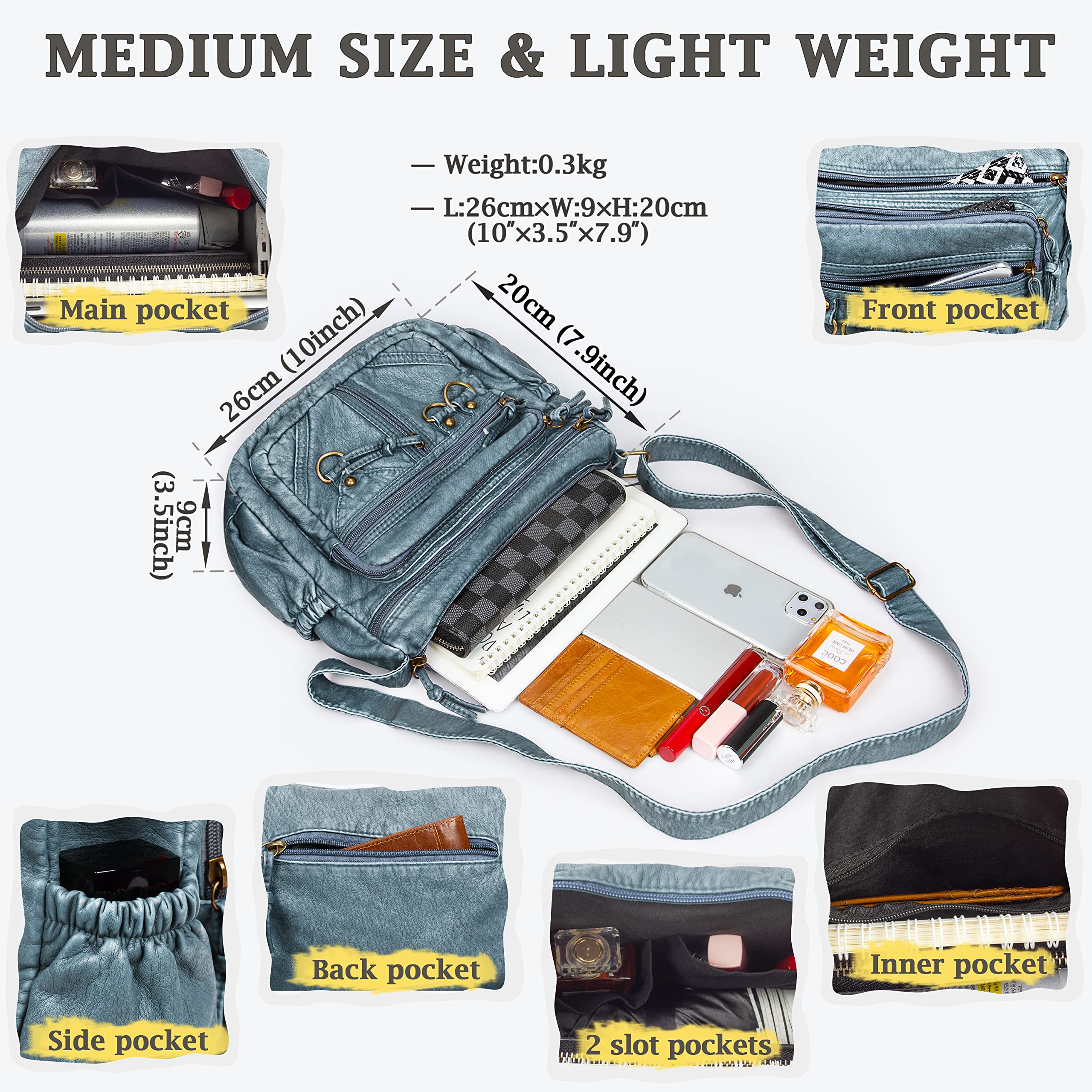 Women's Vintage Soft PU Leather Crossbody Bag Multi Pocket Purses and Handbag Ladies Lightweight Travel Shoulder Bag (761-2-Blue)