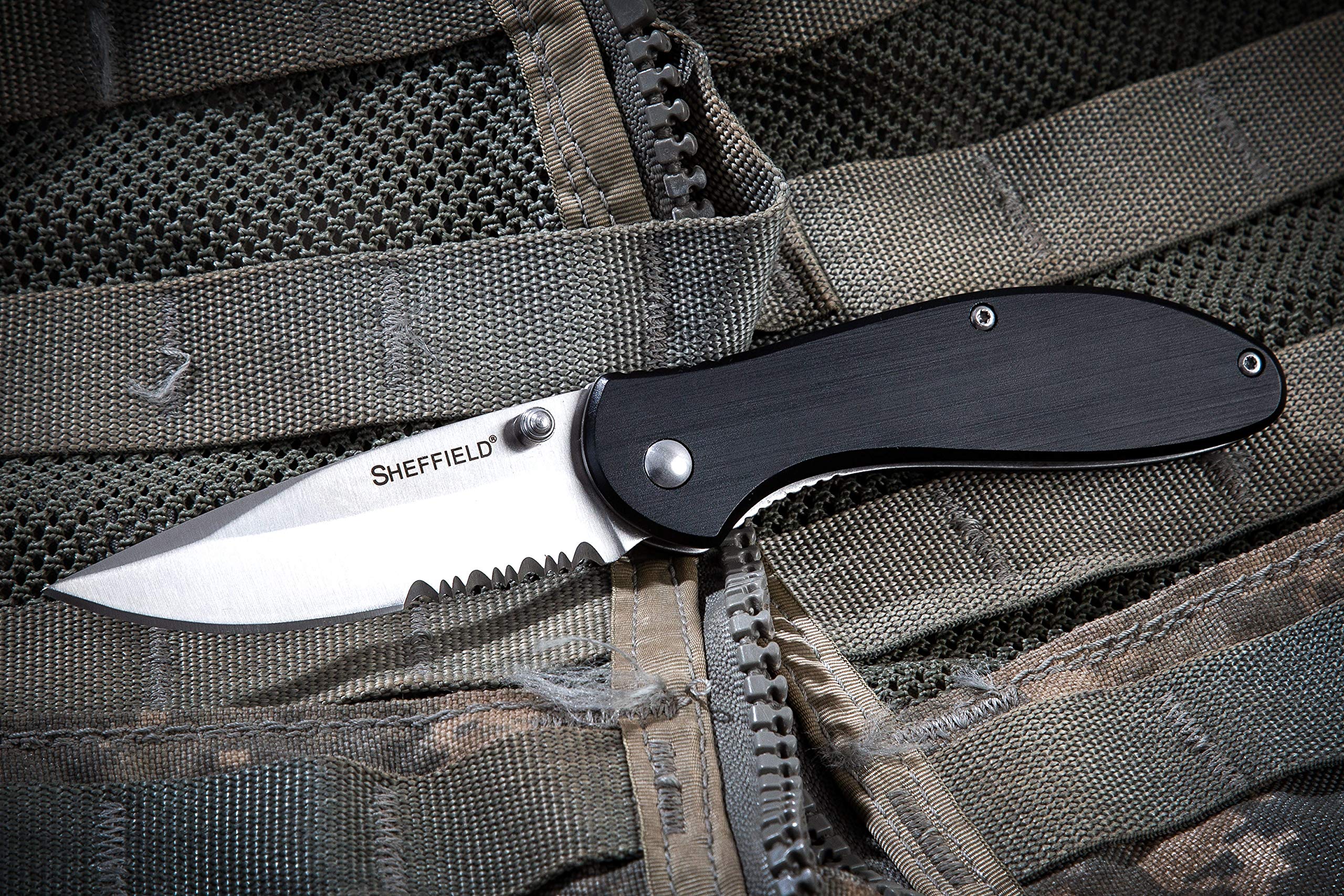 Sheffield 12159 Berda 3 Inch Drop Point Half-Spring Assisted Tactical Folding Pocket Knife, Legal Carry EDC Knife, Camping, Fishing, Hunting Knife, Partially Serrated