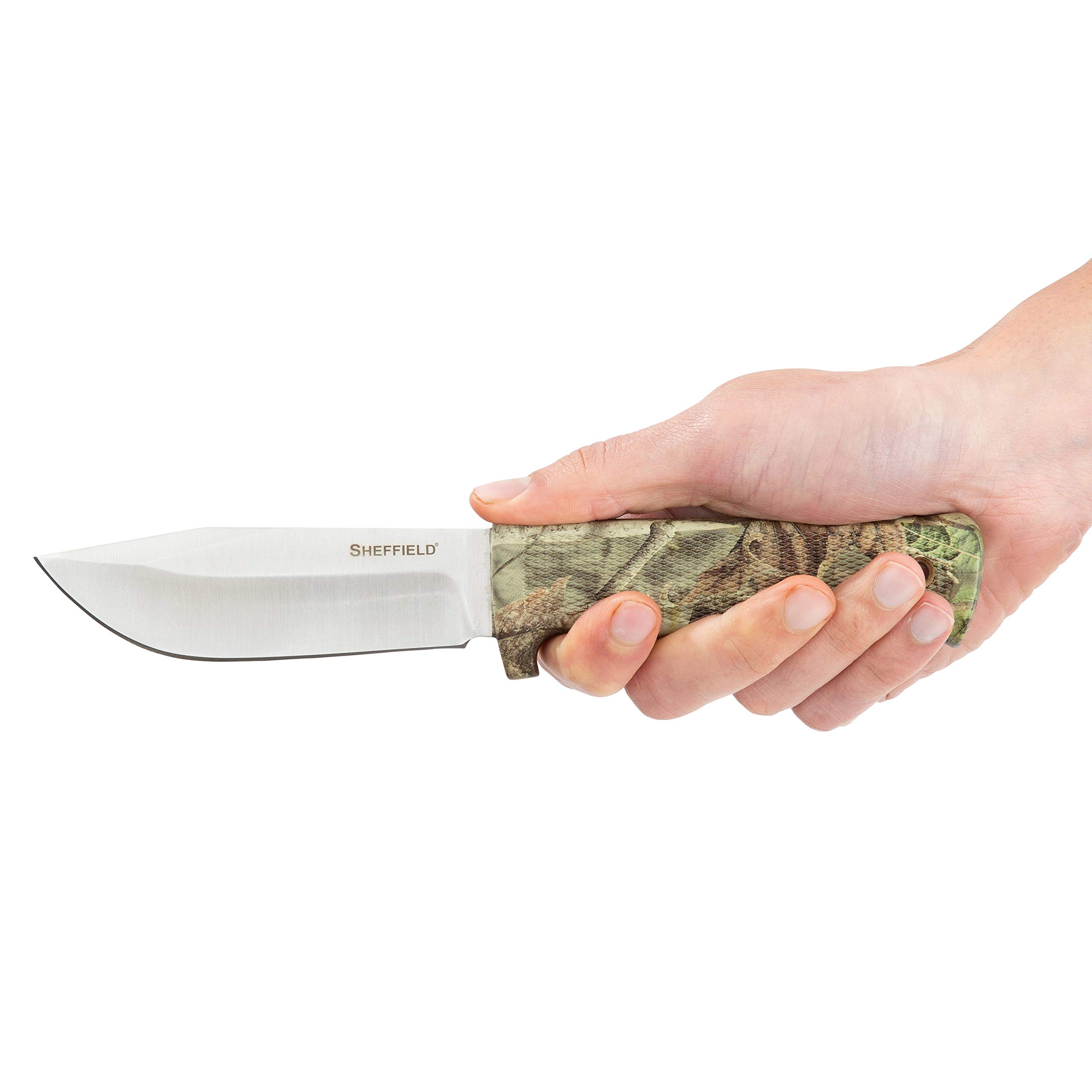 Sheffield 12185 Bax Camo Fixed Blade Hunting Knife with 4.5 Drop Point Blade, Full Tang, Camouflage Slip-Resistant Handle, For Skinning Game, Camping, Defense, & More