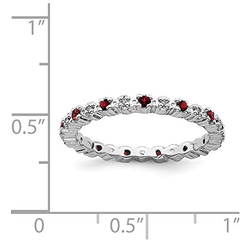 Solid 925 Sterling Silver Stackable Garnet January Red Gemstone and Diamond Ring Eternity Band Size 6 (.04 cttw.)