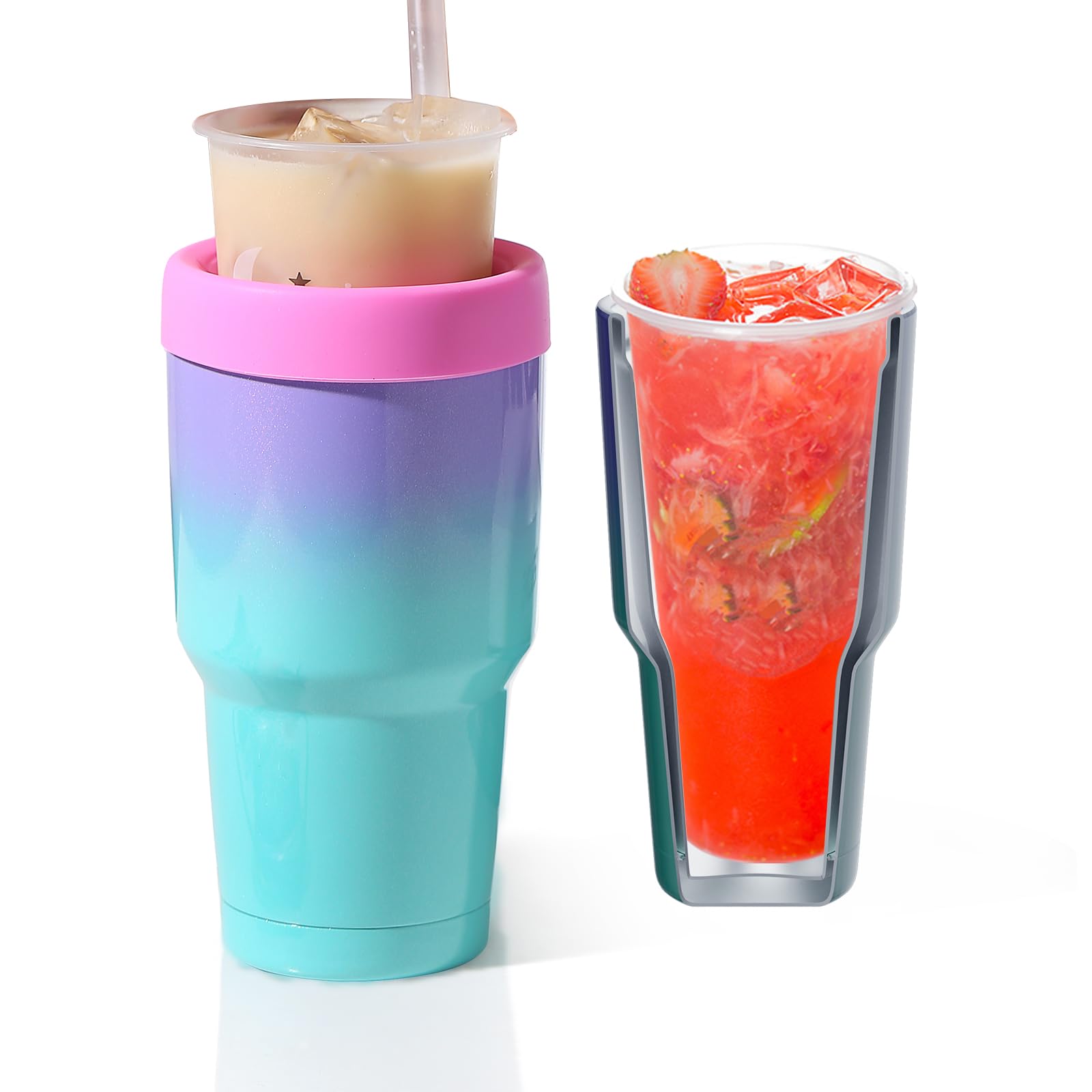 SIXAQUAE Stainless Steel Iced Coffee Sleeve,30oz Stainless Steel Insulated Tumbler with Lid,Double Wall Cup Sleeves for Cold Drinks Reusable,for Most Starbucks,Dunkin Donuts,McDonalds (SKY)