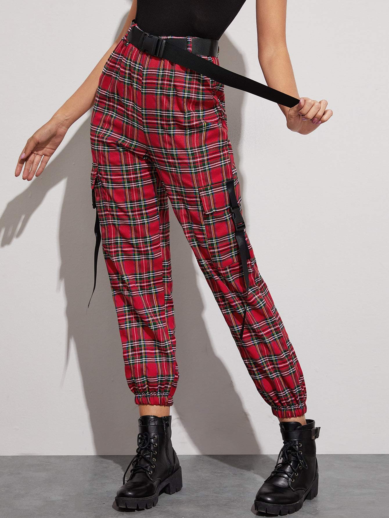 Romwe Women's Workout Jogger Pants Lightweight Hiking Outdoor Cargo Sweatpants with Belted Tartan Small