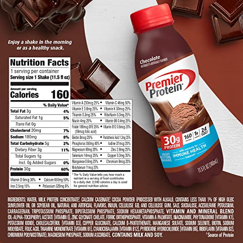 Premier Protein Shake, Chocolate, 30g Protein, 1g Sugar, 24 Vitamins & Minerals, Nutrients to Support Immune Health, 11.5 fl oz