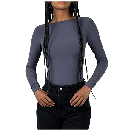 Women's Y2Ks Skinnys Long Sleeve Crop Tops Tight T-Shirts Layer Tee Tops Y2Ks Athletic Yoga Spring Pullover Shirts Grey