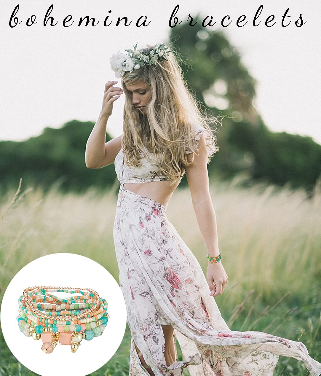WAINIS 9 Sets Bohemian Stackable Bead Bracelets for Women Stretch Multilayered Bracelet Set Multicolor Jewelry