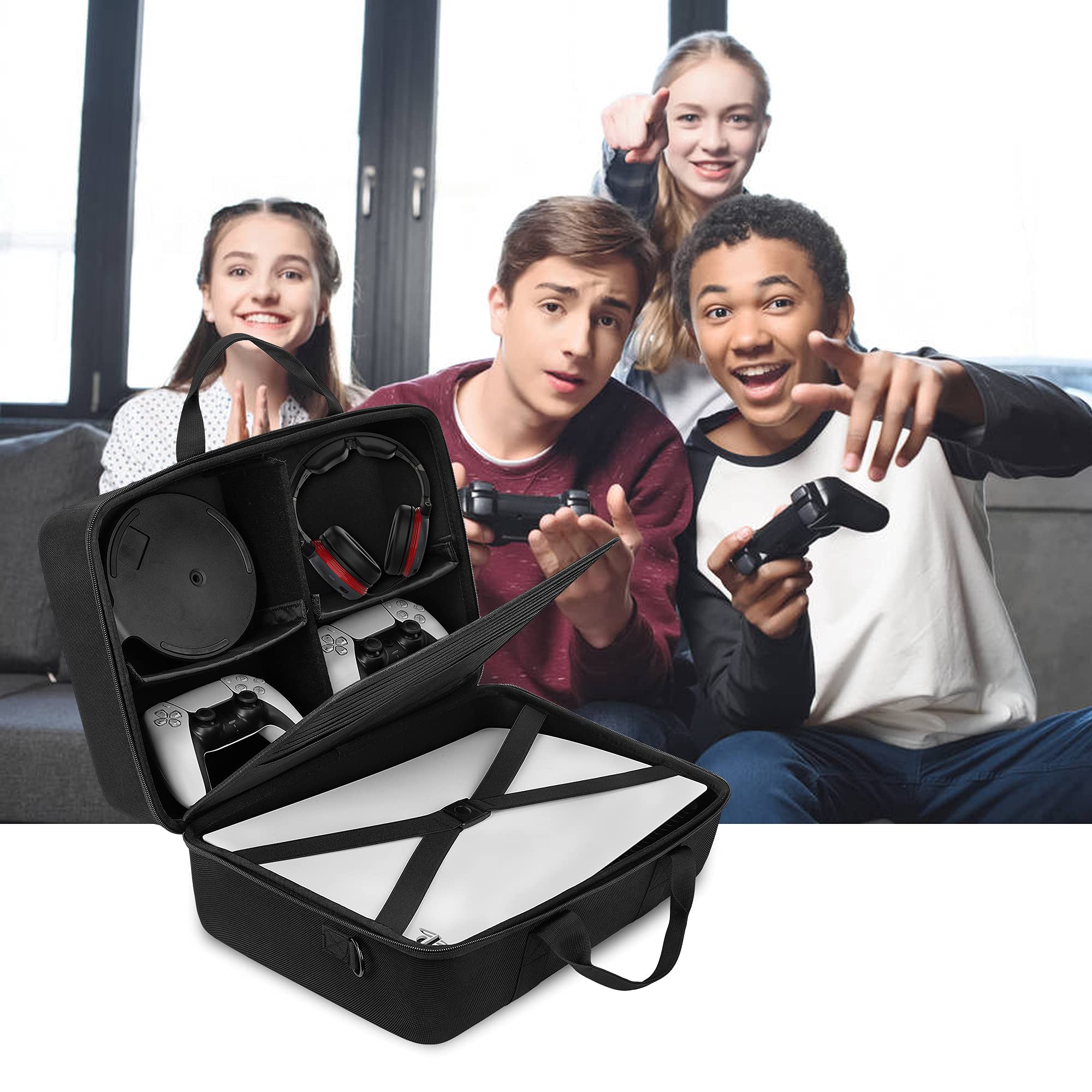 RHCOM Sturdy Material Carrying Case Compatible with Playstation 5 and PS5 Digital Edition,Playstation Controller, PS5 Games, Gaming Headset, and Gaming Accessories(Only case)