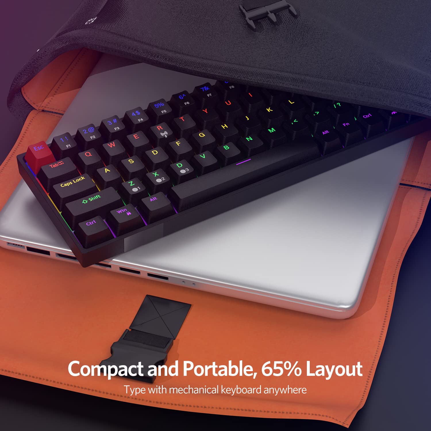 TEWELL 68 Keys Wireless and Wired Mechanical Gaming Keyboard with Blue Switches, Audible Click Sound Rainbow Portable Compact Mini Office Keyboard for Windows PC Gaming