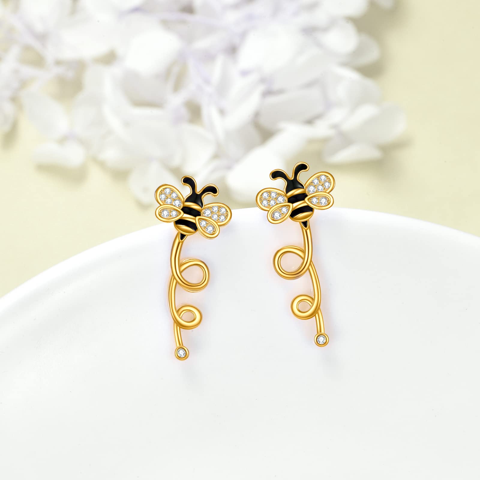 WTENIY Gold Plated Bumble Bee Earrings Jewelry for Women Sterling Silver Ear Climber Crawler Cuff Earrings