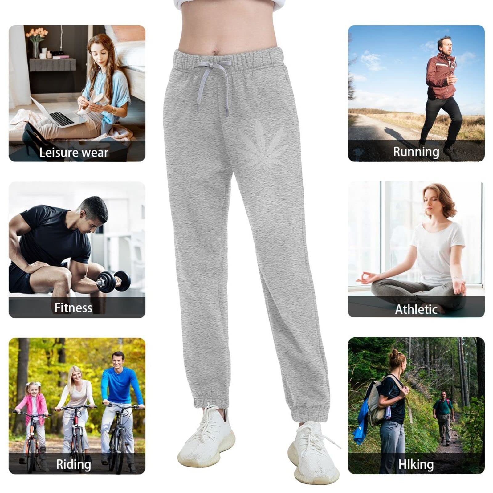 White Weed Leaf Women's Casual Yoga Sweatpants Athletic Workout Elastic Waist Jogger Pants Large