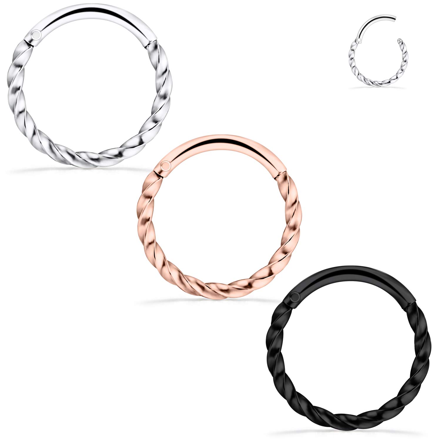 SCERRING 3PCS 16G Stainless Steel Hinged Clicker Segment Septum Nose Lip Ring Hoop Cartilage Tragus Sleeper Earrings Body Piercing Jewelry Braided 10mm Mix Color