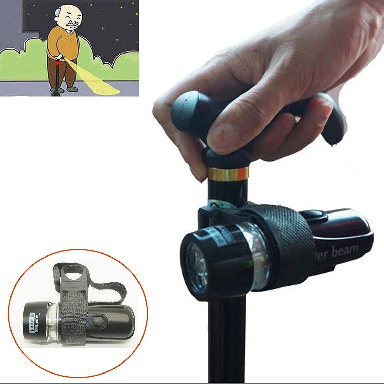 Pmsanzay Universal - Adjustable, Portable Hand Walking Stick Fixed Mount LED Flashlights Torch Light for All Walking Stick Cane Balancing Mobility & Disability Aid Holder Strap Handle (No Cane)