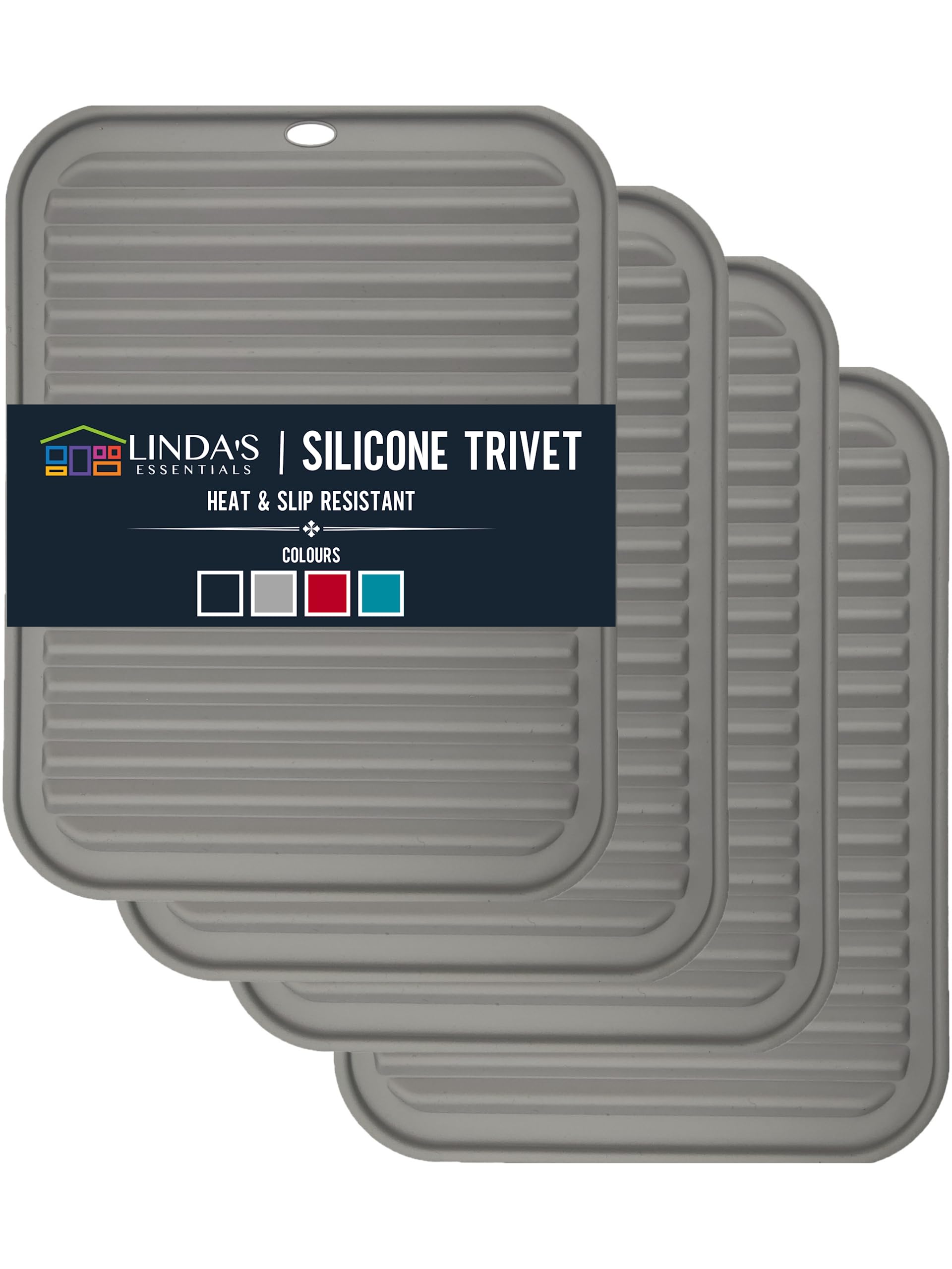 Silicone Trivets for Hot Pots and Pans (4 Pack) - Multipurpose Silicone Trivets for Hot Dishes and Hot Pot Holders (9 x 12 inch) - Silicone Heat Resistant Mats for Kitchen by Linda's Essentials (Grey)