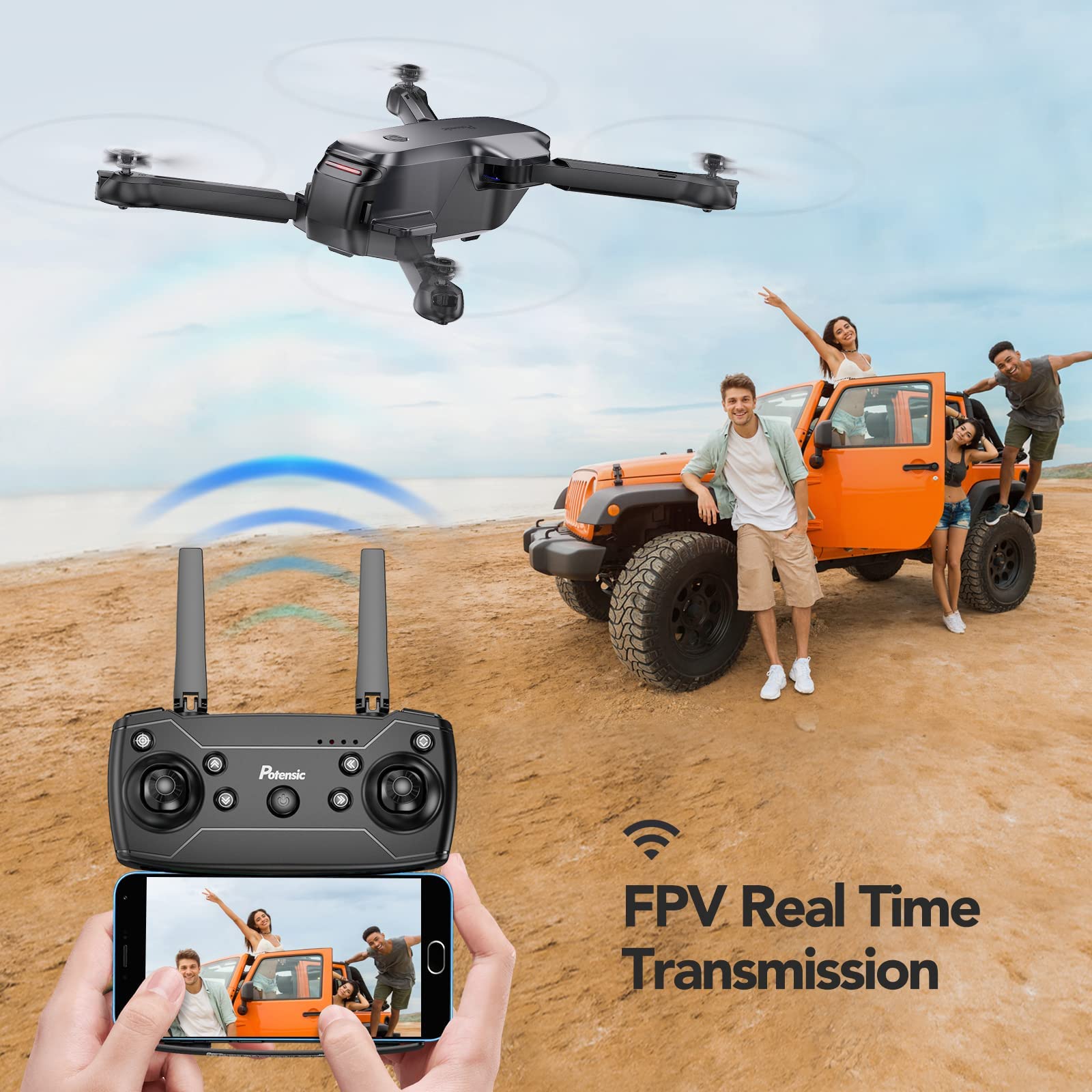Potensic P4 Foldable Drone with Camera for Adults Beginners, FPV 1080P HD WiFi Remote Control Quadcopter with 40 Mins 2 Batteries, Altitude Hold, Gravity Control, Trajectory Flight, Headless Mode