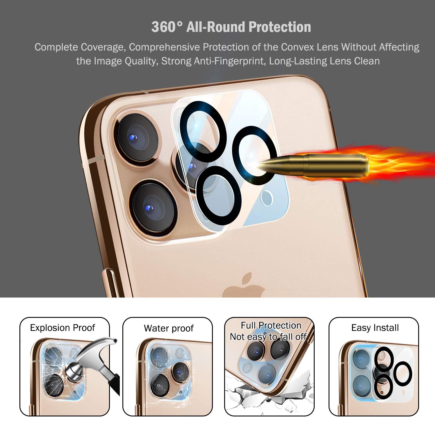 QHOHQ 2 Pack Screen Protector for iPhone 11 Pro Max 6.5" with 2 Packs Camera Lens Protector, HD Full Screen Tempered Glass Film, 9H Hardness, Scratch-Resistant, Bubble Free - Case Friendly
