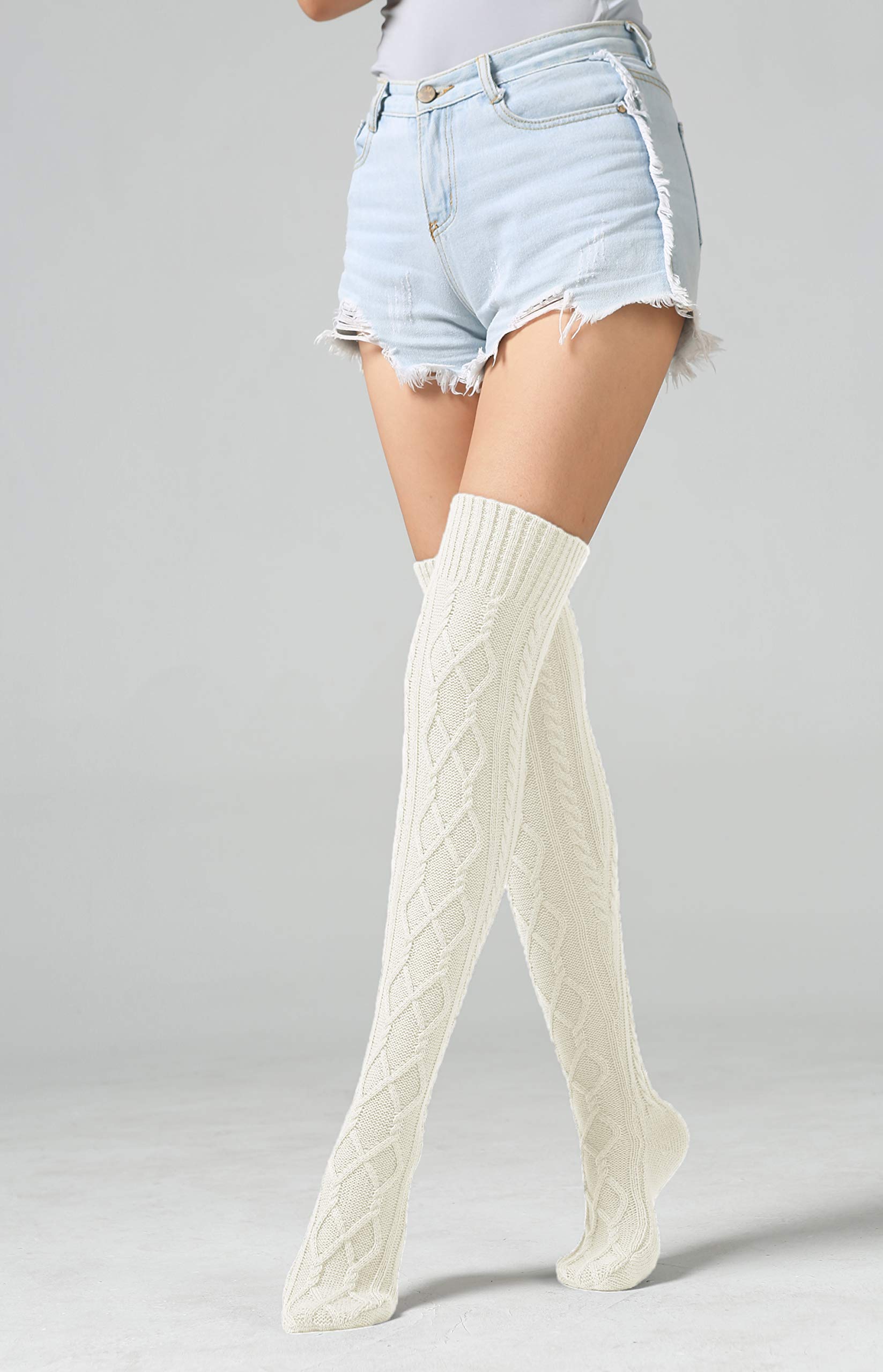 SherryDC Women's Cable Knit Boot Stockings Extra Long Thigh High Leg Warmers Winter Floor Socks White