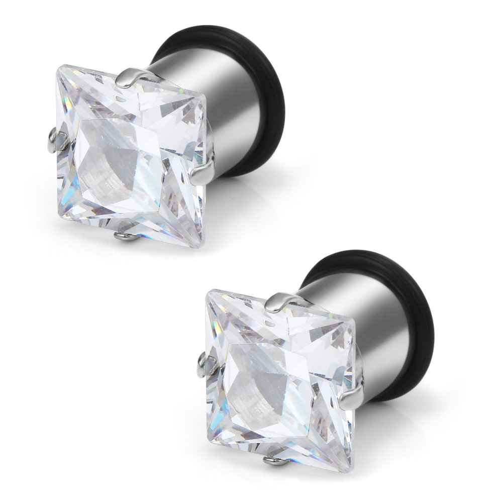 Ruifan 316L Surgical Steel Single Flare Prong Set Clear Square CZ Ear Stretcher Expander Plugs Piercing Gauge with O-Ring 0G(8mm)- Sold As a Pair