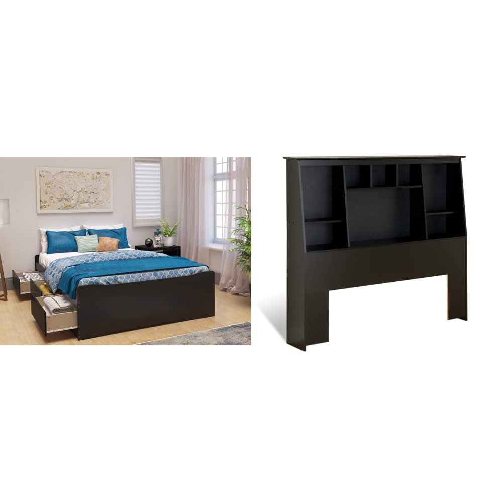 Prepac Coal Harbor Platform Storage Bed with 6 Drawers, Full, Black & Tall Slant-Back Bookcase Headboard, Black, Full/Queen