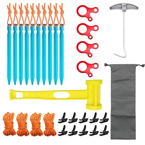 Seasonsky 30 PCS Aluminum Lightweight Tent Stakes Set, Camping Tent Stakes Accessories Kit, 10 PCS Tent Stakes, Plastic Hammer, Tent Clip Nail Puller and Rope with Guylines Adjuster for Easy Camping