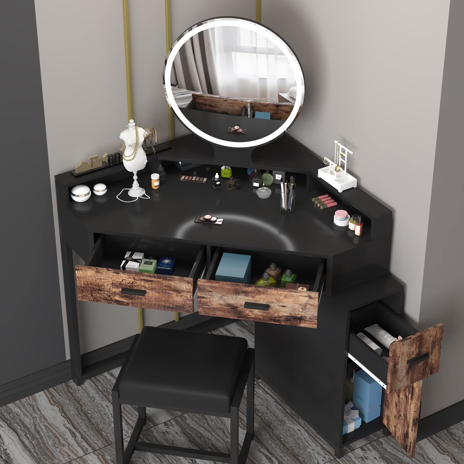PAKASEPT Corner Vanity Set with Lighted Mirror, Makeup Dressing Table with Drawers, Cabinet and Cushioned Stool, Girls Vanity Desk for Bathroom, Bedroom