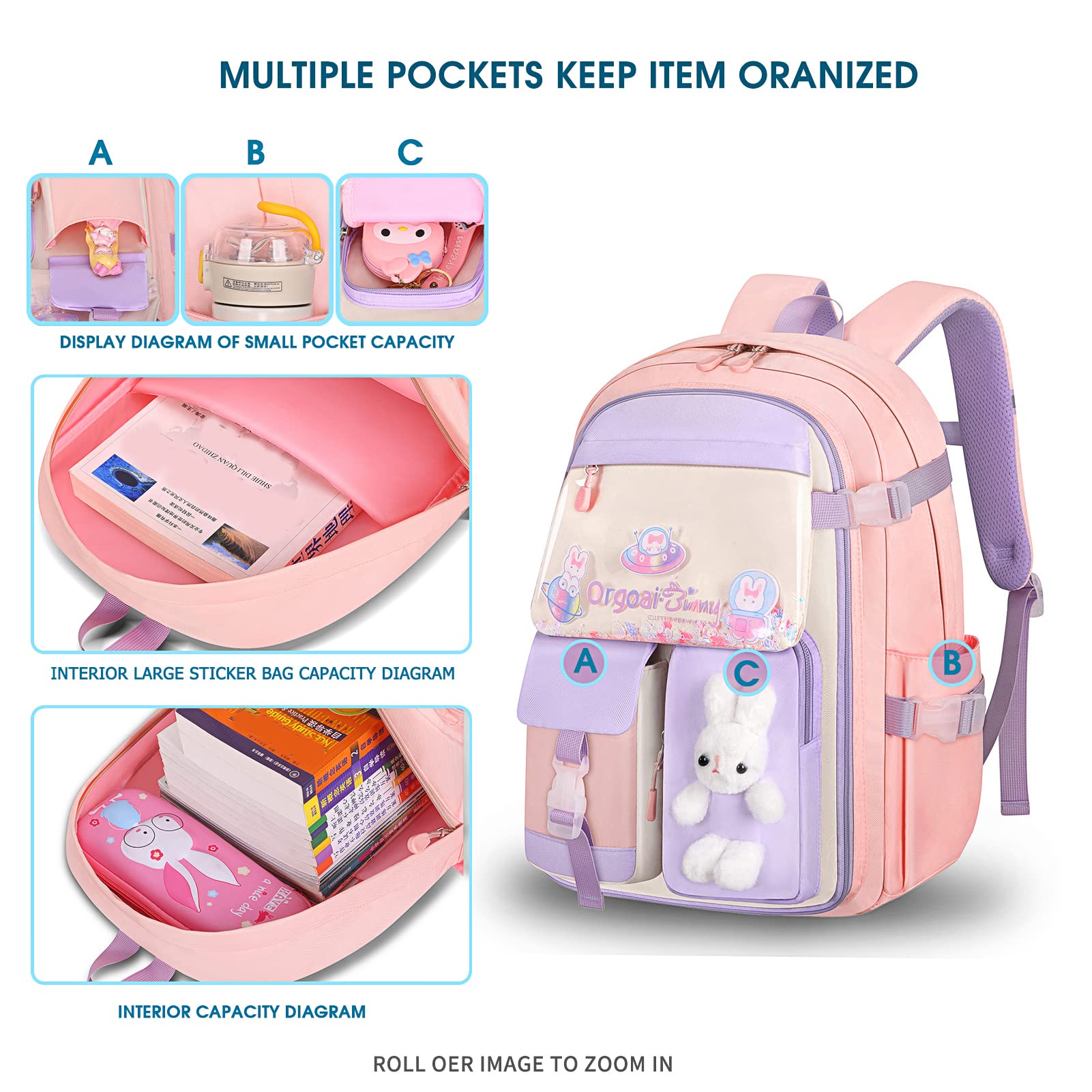 PRLINJSK Backpack for Girls, Kids School Bags for Kindergarten and Elementary, Kawaii Bunny Bookbags with Pencil Case