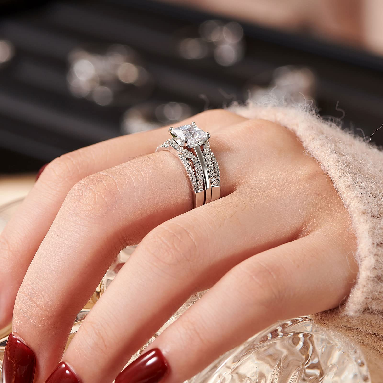Wuziwen 2 Carat Princess Cut 925 Sterling Silver Ring Enhancers CZ Wedding Ring Sets For Women Size 10