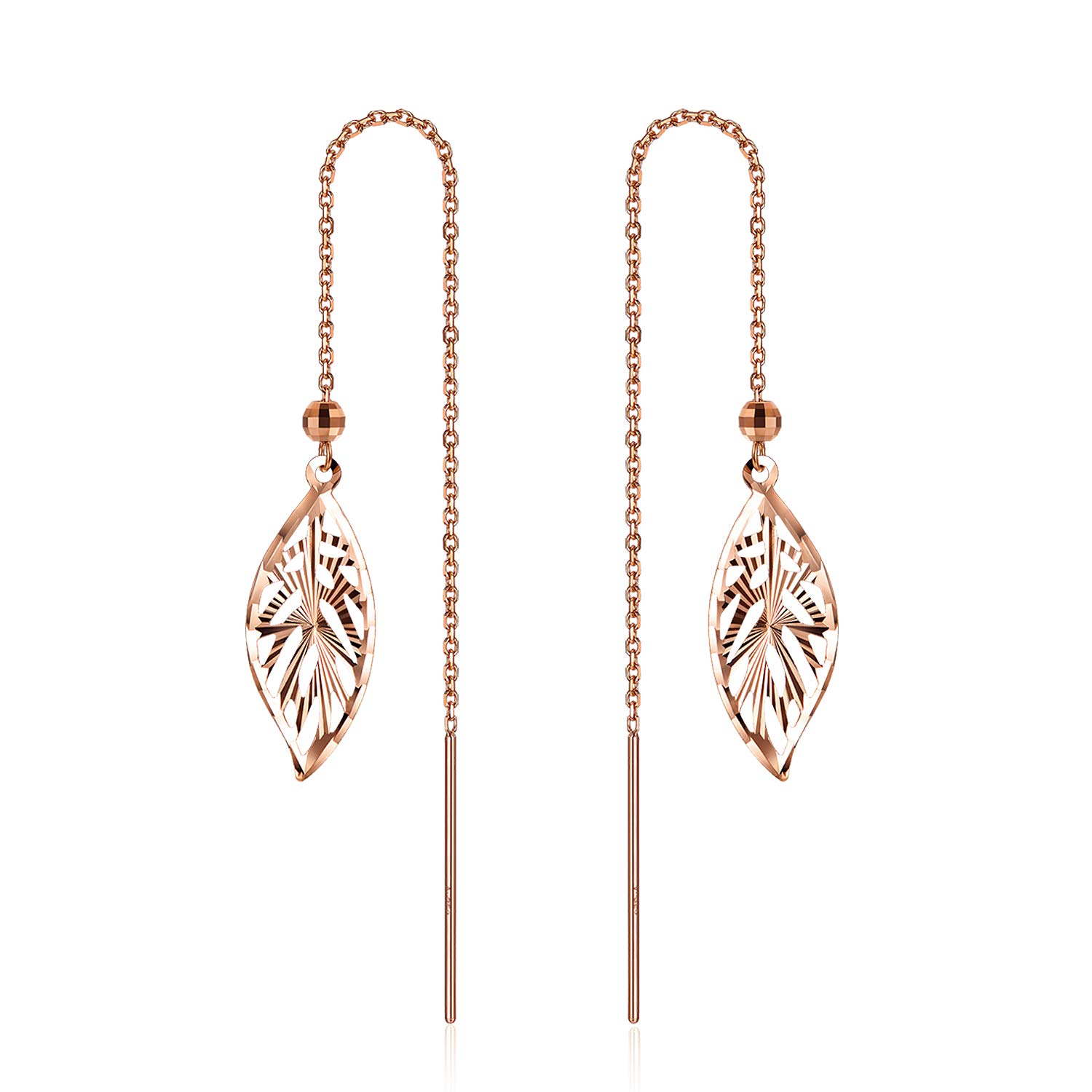 SISGEM 18k Yellow Gold Threader Earring for Women Dangle, Long Chain Leaf Earrings Jewelry Gift for Her