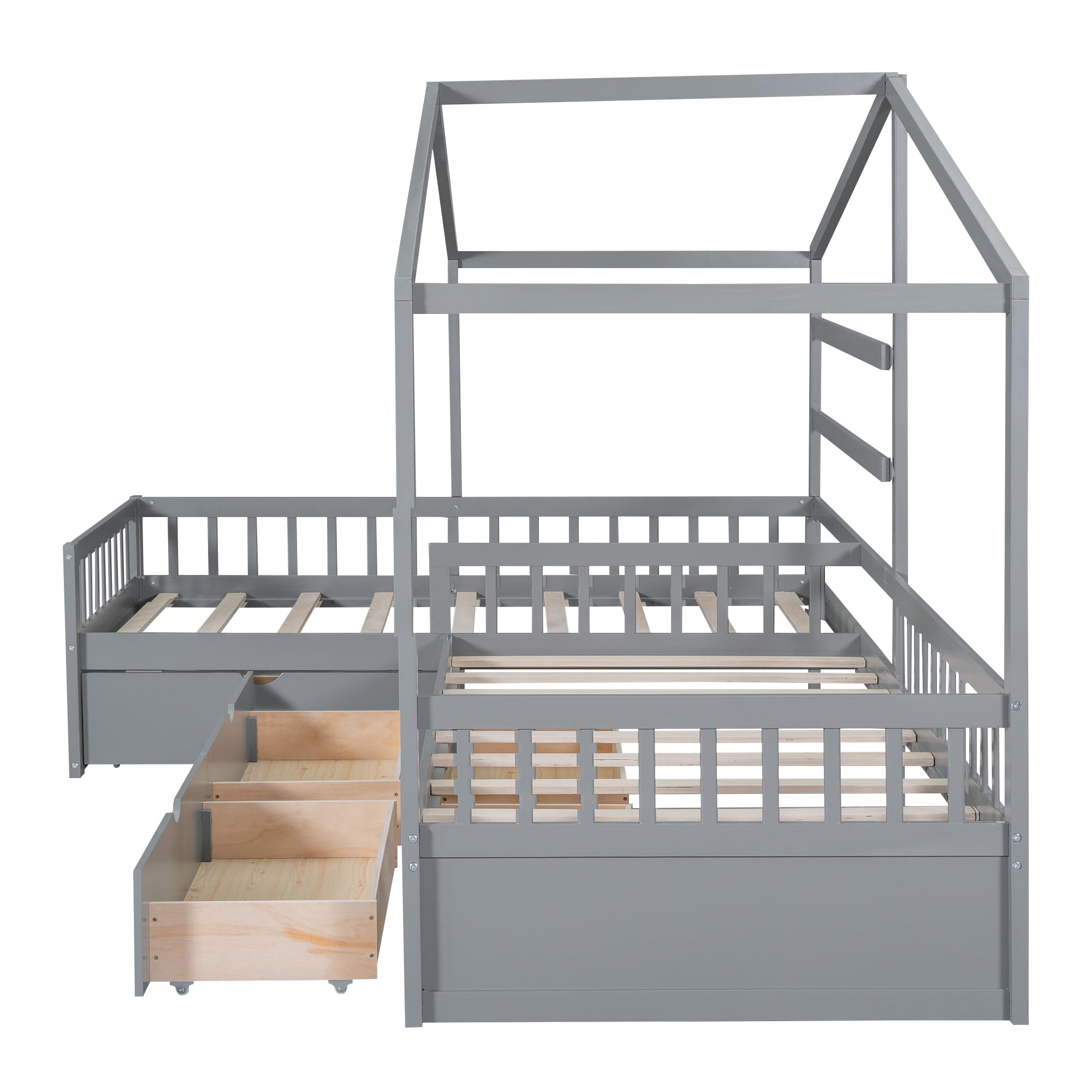 PRNDOLE Twin Size House Platform Bed with 3 Storage Drawers,L Shape Platform Beds for Children,Gray