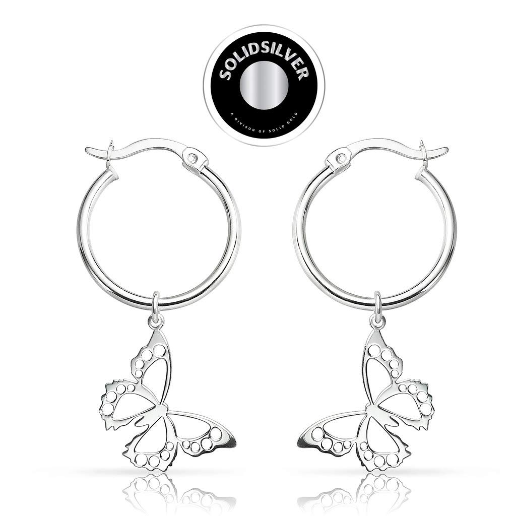 SolidSilver - Sterling Silver 20mm Polished Hoop Earrings with a Dangle Butterfly Charm Pendant