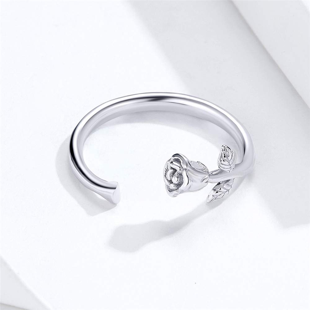 Tiny Rose Flowers Asymmetric Wrap Open Rings for Women Girls Sterling Silver Small Thin Adjustable Engagement Wedding Promise Statement Knuckle Finger Tail Rings Her Girlfriend Wife Valentine's Day