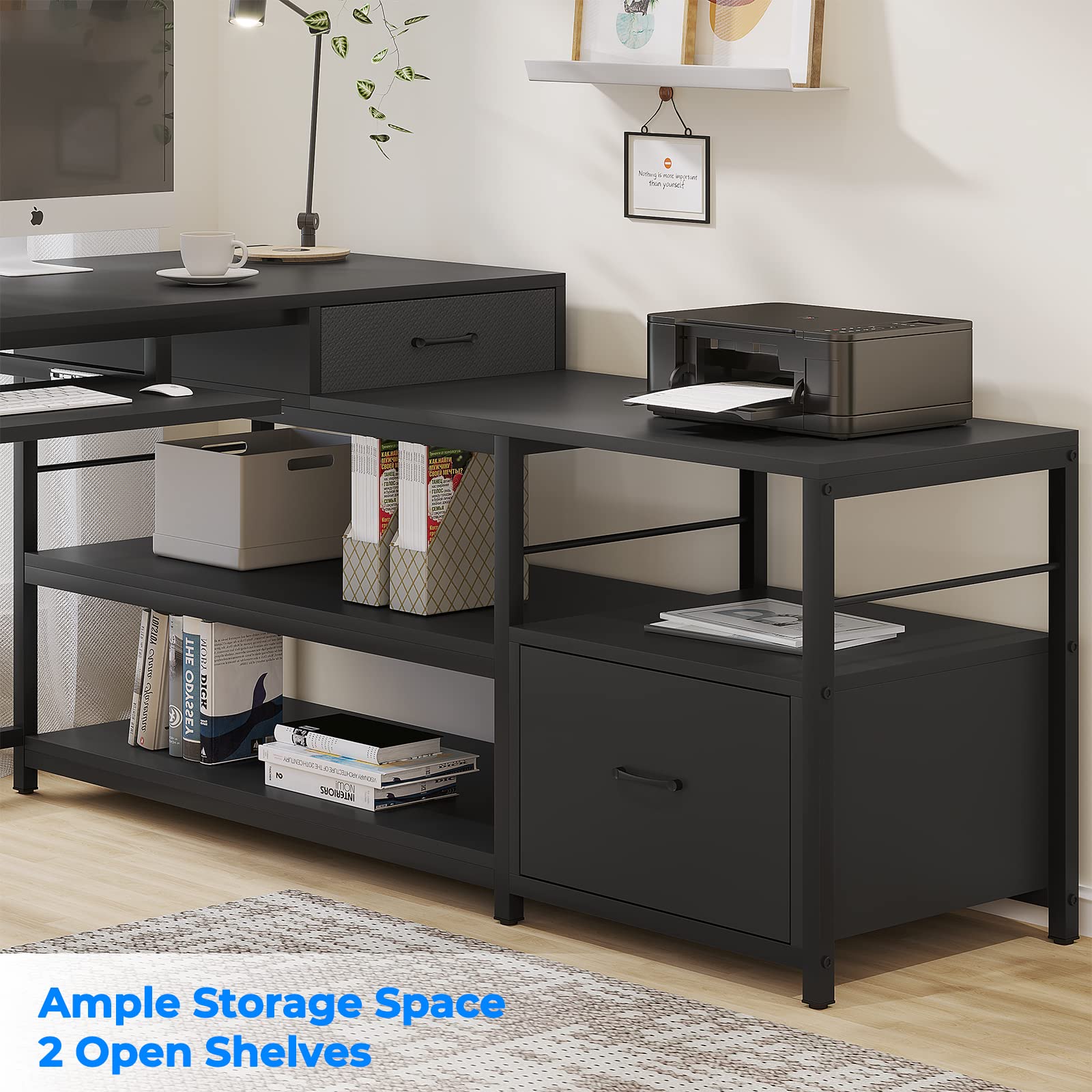 SEDETA L Shaped Desk with File Drawers, 55 inches Corner Computer Desk with Storage Shelves, Keyboard Tray and Printer Stand, Computer Table Writing Desk Workstation for Home Office, Black