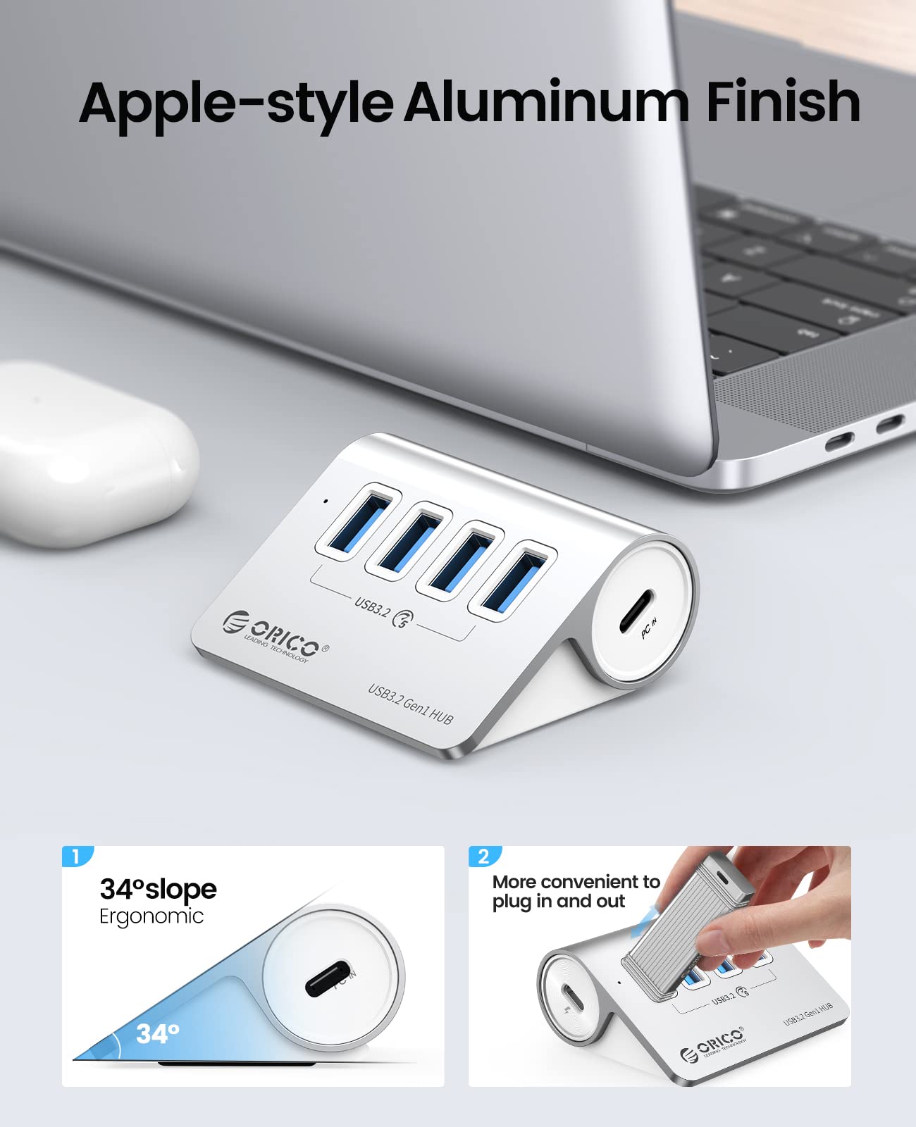 ORICO 4 Port USB 3.0 Unibody Aluminum Portable Data Hub with 3.3ft Extension Cable for MacBook Pro/Mini, iMac, XPS, Surface Pro, Notebook PC, USB Flash Drives, Mobile HDD - Space Gray