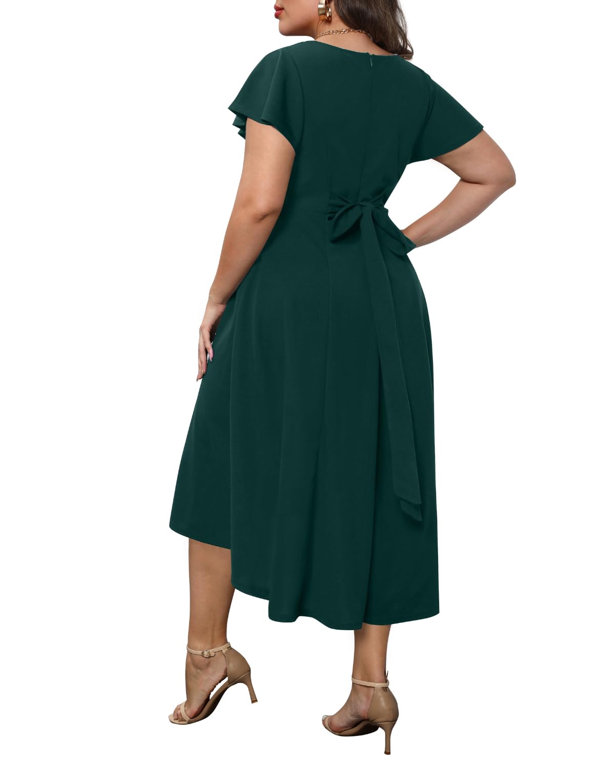 Plus Size Holiday Dress Women Emerald Dark Green High Low V Neck Long Flowy Elegant Dresses with Pockets