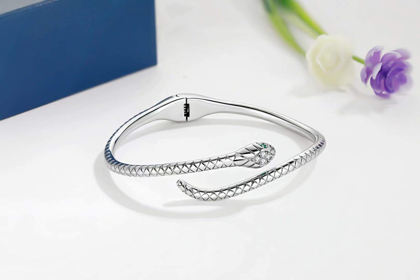 Presentski Snake Bracelet Sterling Silver Open Bangle Serpent Bracelet Vintage Silver Bracelet for Women