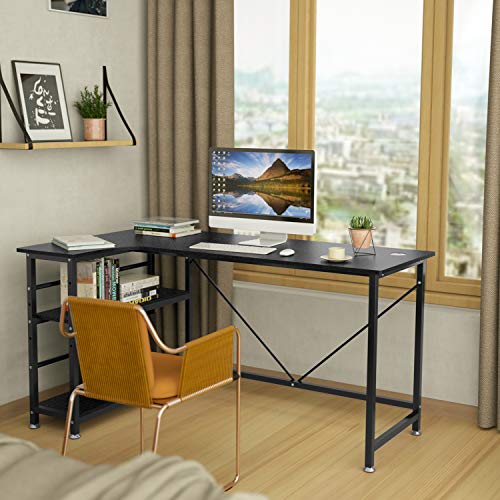 SEISSO Modern L-Shaped Computer Desk with Adjustable Storage Shelves, 55 Inch Black Corner Writing Table Workstation Pc Laptop Gaming Desk with Bookshelf for Home Office Study Bedroom Small Space