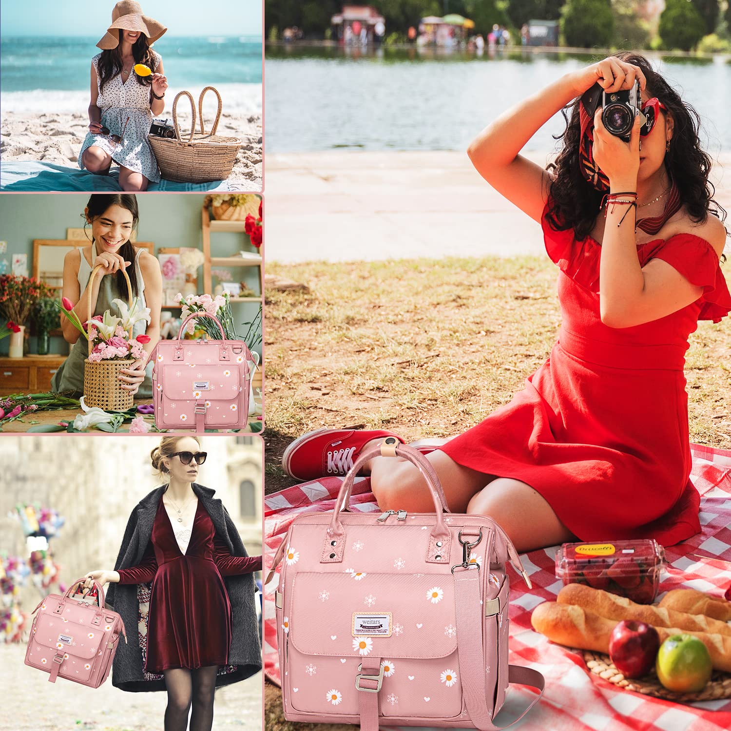 Weitars Lunch Bag for Women,Floral Insulated Lunch Box Lunch Tote,Wide-Open Lunch Purse with Removable Shoulder Strap,Lunchbag for Work Picnic Hiking