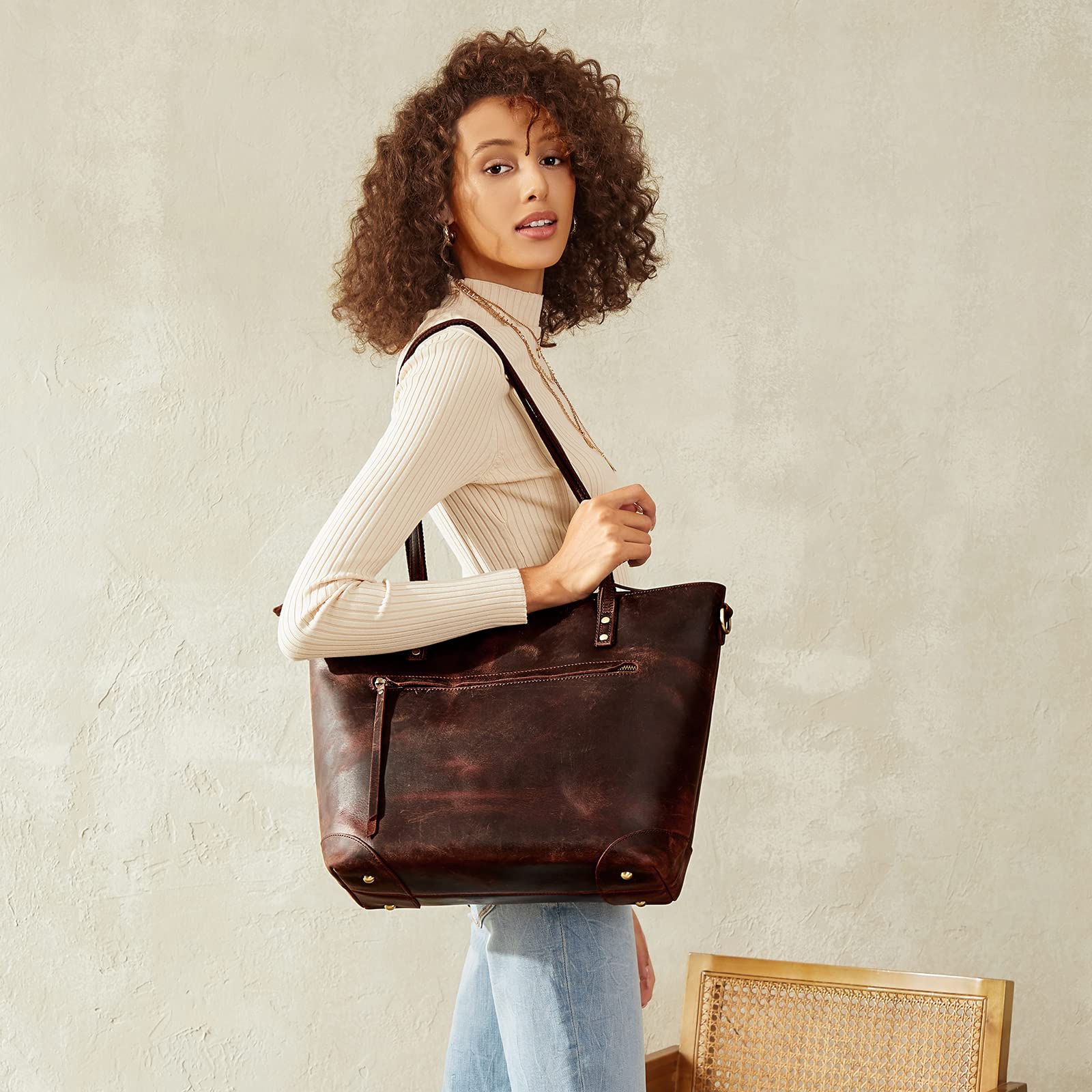 S-ZONE Vintage Genuine Leather Shoulder Tote Bag for Women Purse Handbag with Back Zipper Pocket (Dark Brown)