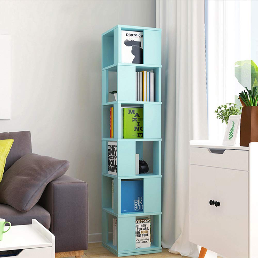 QIHANG-US 6 Tier Wooden Bookcase Corner Tall Book Shelf Modern 360° Rotating Storage Display Rack Floor Standing Shelves with Open Design Shelving Unit for Home Office Living Room Study, Blue