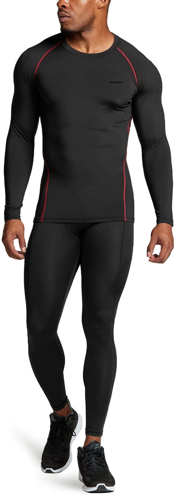TSLA Men's Thermal Long Sleeve Compression Shirts, Athletic Base Layer Top, Winter Gear Running T-Shirt, Heat Core 2pack Black & Red/Olive, Large
