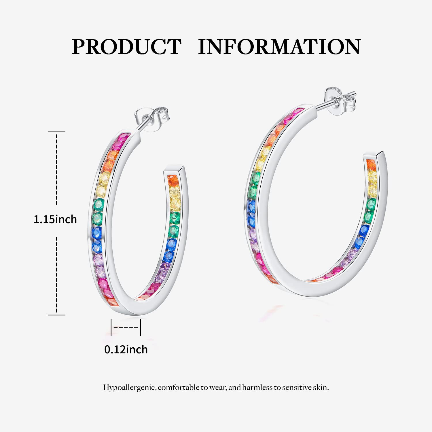 YINONE Rhodium Plated Rainbow Hoop Earrings Colorful CZ Silver Hoop Earrings