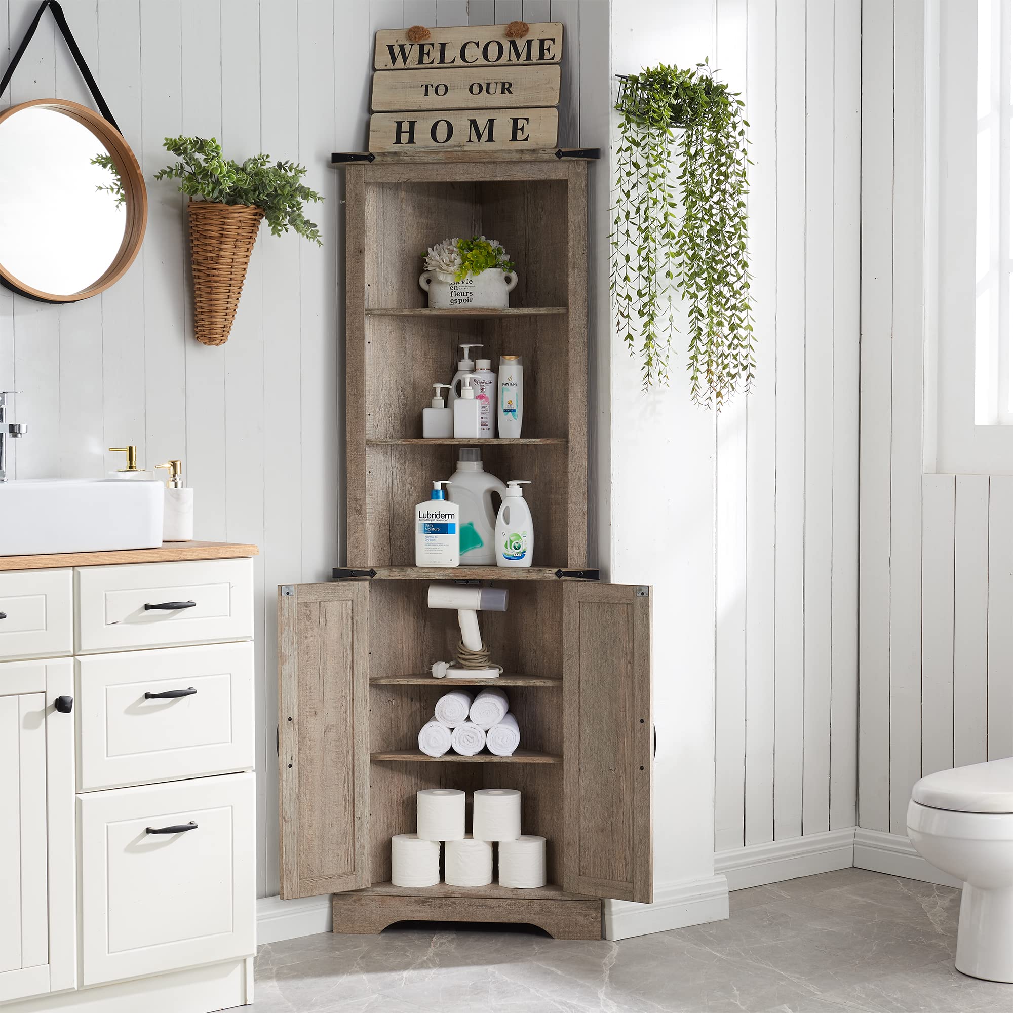 OKD Tall Corner Cabinet, Farmhouse Storage Cabinet with Barn Door Design & Adjustable Shelves, Home Space Saver for Bathroom, Living Room, Light Rustic Oak