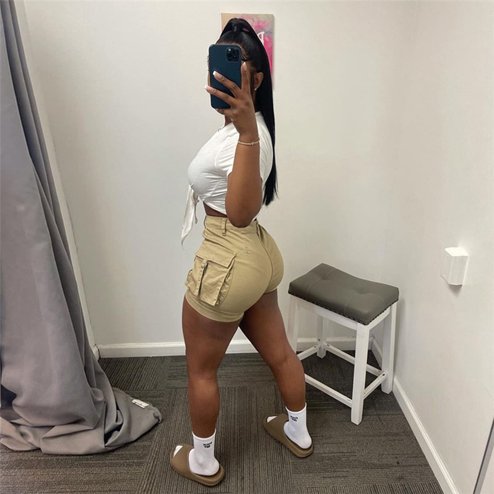 VWIWV Women's High Waisted Shorts with Side Pockets Casual Stretch Short Pants Khaki