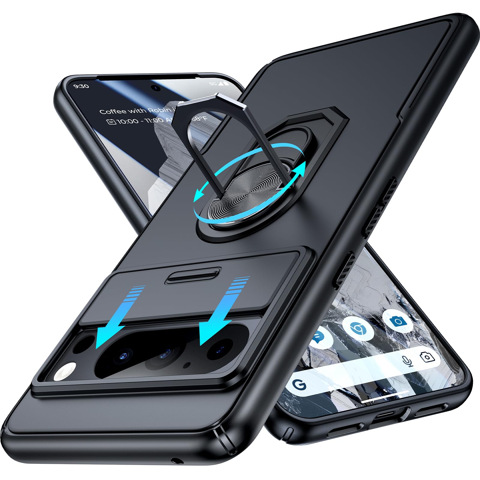 Simtect for Google Pixel 8 Pro Case with Sliding Camera Cover, [Military Drop Protection] [360° Rotation Ring Stand], Slim Protective Case for Google Pixel 8 Pro Phone Case 6.7'' - Black
