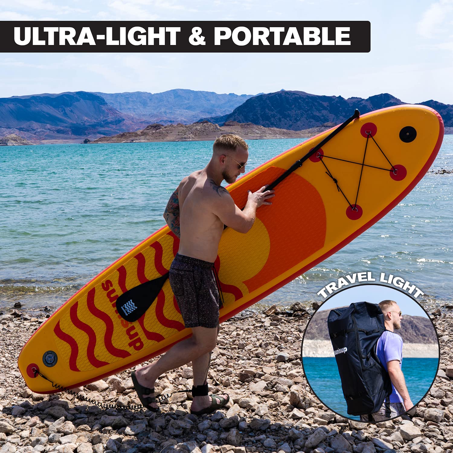 SUNISUP SUP Inflatable Paddle Board for Adults, 10.6β x 30β x 6β, Non-Slip Stand Up Deck with Bottom Paddling Fin, Paddleboard Accessories with Air Pump, Bag, Ankle Leash, Go Pro Mount (Orange/Yellow)