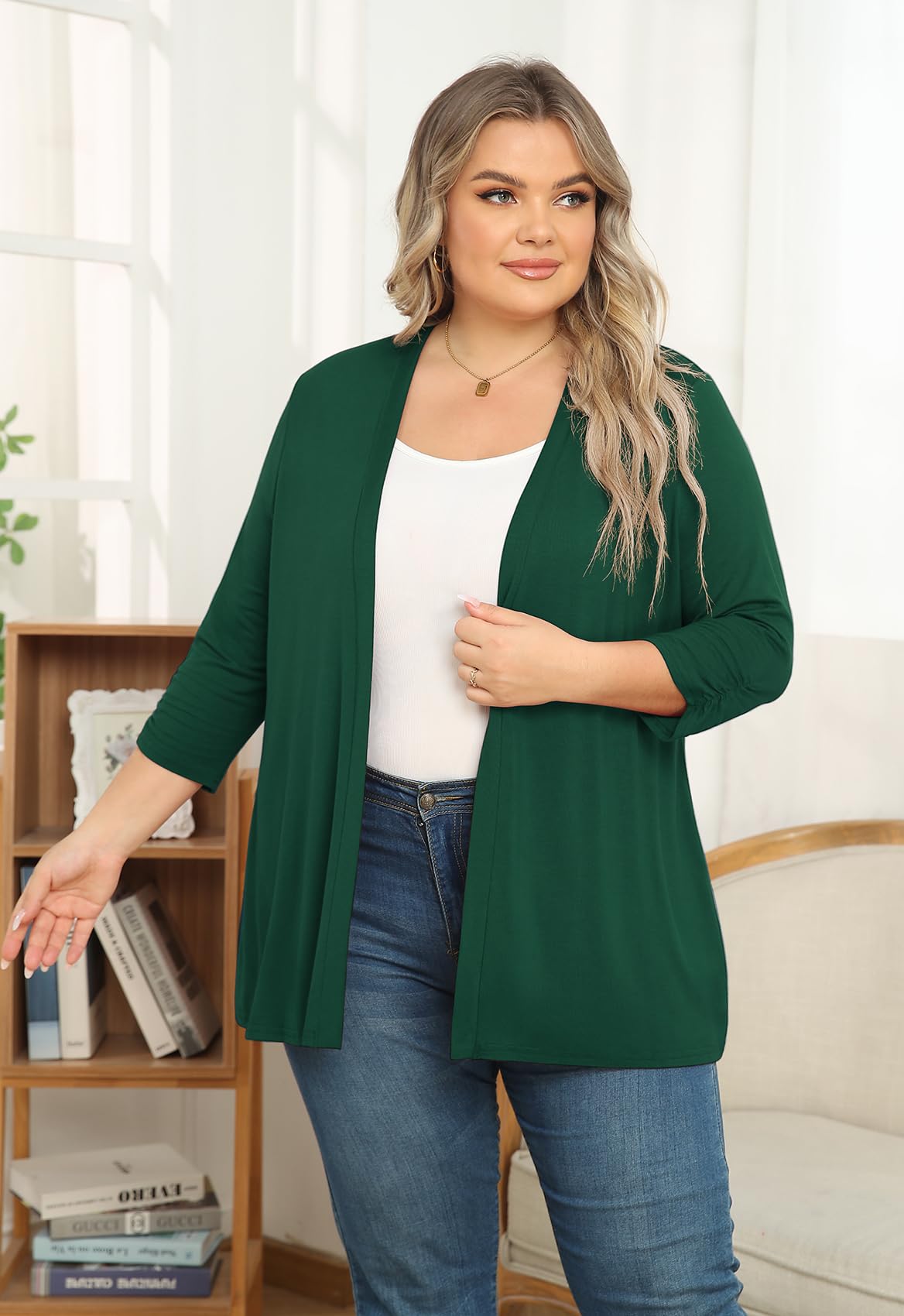 POSESHE Women's Plus Size Casual Lightweight Open Front Cardigans Soft Draped 3/4 Sleeve Cardigan Dark Green 4X-Large